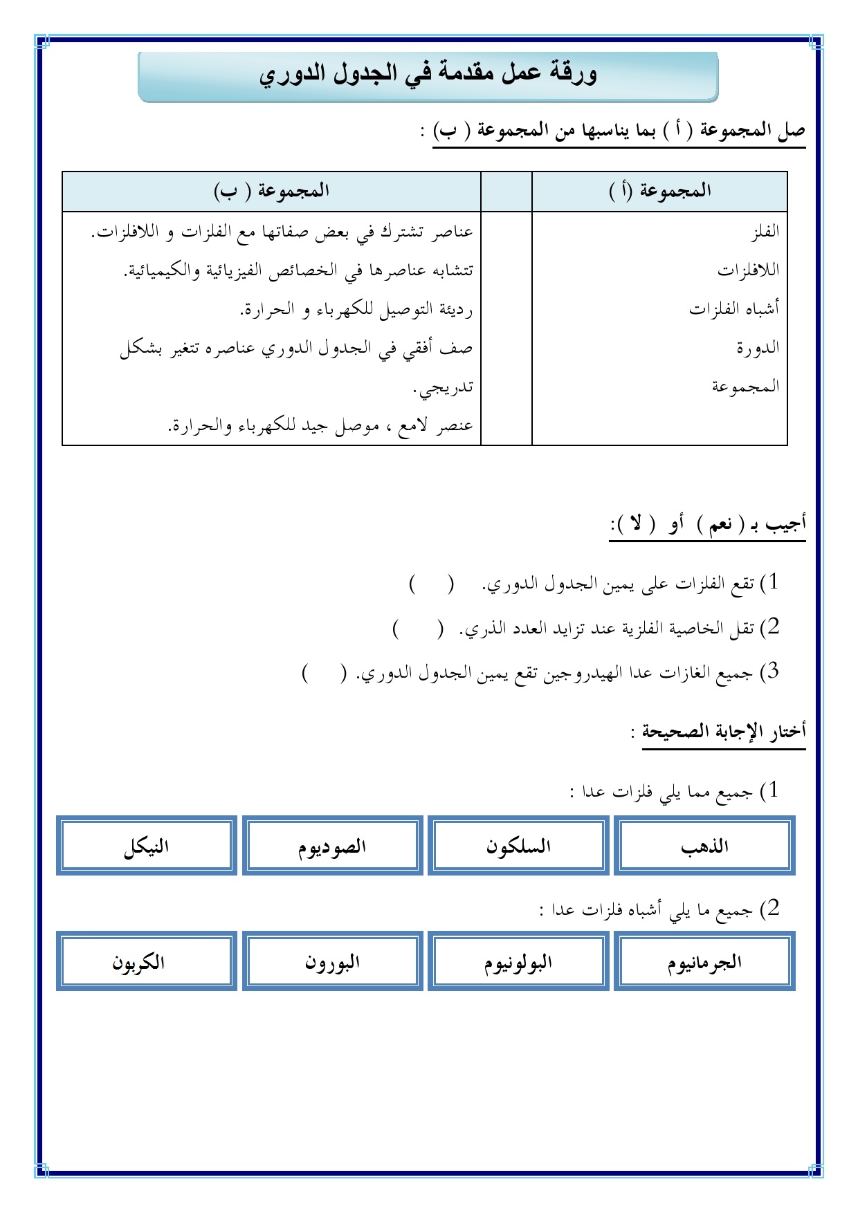 ورقة عمل تفاعلية درس عمل مقدمة في الجدول الدوري - حلول